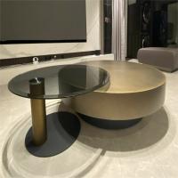 China Tempered Glass Gold Metal Round Coffee Table Contemporary Drum Shape for sale