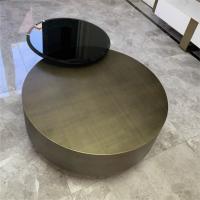 China Tempered Glass Gold Metal Round Coffee Table Contemporary Drum Shape for sale