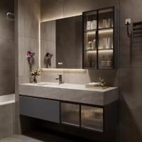 China OEM Makeup Wall Hung Sink Vanity LED Mirror With Resin Basin for sale