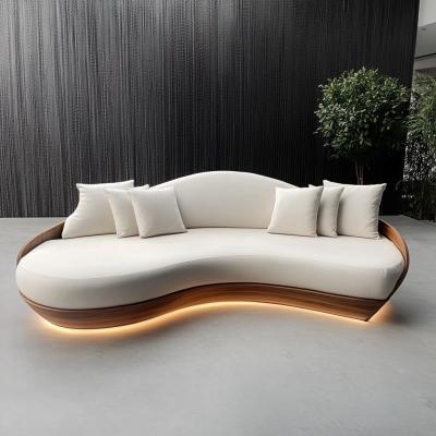 China Tufted Back Style Double Seat Furniture White Love Seat Sofa With Wooden Moon Circle Fabric Cushion Hotel Must-Have for sale