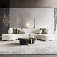 China Tufted Back Style Double Seat Furniture White Love Seat Sofa With Wooden Moon Circle Fabric Cushion Hotel Must-Have for sale