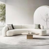 China Tufted Back Style Double Seat Furniture White Love Seat Sofa With Wooden Moon Circle Fabric Cushion Hotel Must-Have for sale