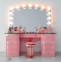 China Bedroom Makeup Sets LED Lighted Mirror Vanity Table With Drawers And Storage Shelves Adjustable In Pink for sale