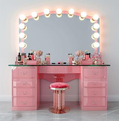 China Bedroom Makeup Sets LED Lighted Mirror Vanity Table With Drawers And Storage Shelves Adjustable In Pink for sale