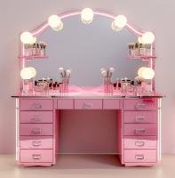 China Bedroom Makeup Sets LED Lighted Mirror Vanity Table With Drawers And Storage Shelves Adjustable In Pink for sale