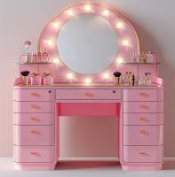 China Bedroom Makeup Sets LED Lighted Mirror Vanity Table With Drawers And Storage Shelves Adjustable In Pink for sale