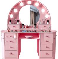 China Bedroom Makeup Sets LED Lighted Mirror Vanity Table With Drawers And Storage Shelves Adjustable In Pink for sale