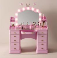 China Bedroom Makeup Sets LED Lighted Mirror Vanity Table With Drawers And Storage Shelves Adjustable In Pink for sale