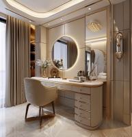 China Functional Modern Nordic Wooden Multifunction Ladies Vanity Table In Bedroom With Led Light Makeup Mirror Storage for sale