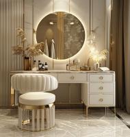 China Functional Modern Nordic Wooden Multifunction Ladies Vanity Table In Bedroom With Led Light Makeup Mirror Storage for sale