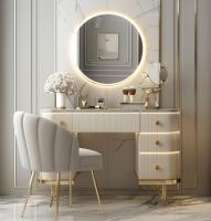 China Functional Modern Nordic Wooden Multifunction Ladies Vanity Table In Bedroom With Led Light Makeup Mirror Storage for sale