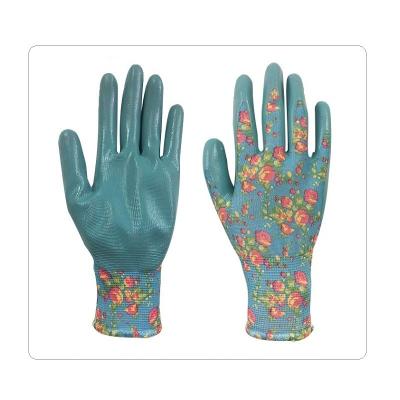 China Agriculture Flower Polyester Knitting Nitrile Gloves for sale