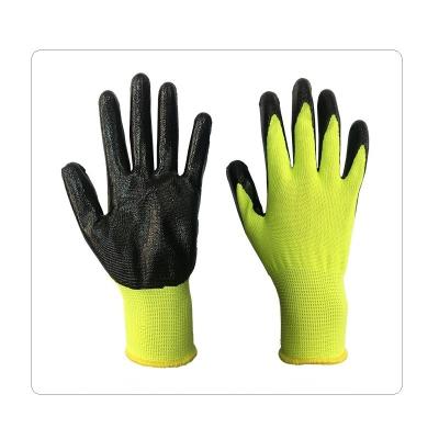 China 13 Gauge Yellow Polyester Lined Black Smooth Nitrile Gloves for sale
