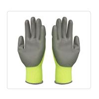 China Transport Fluorescent Polyester Seamless Knit With Grey PU Coating Work Gloves for sale