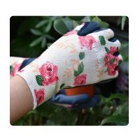 China Thin Flower Knit 13 Gauge Seamless Nylon Ladies Gardening Blue Latex Gloves for sale