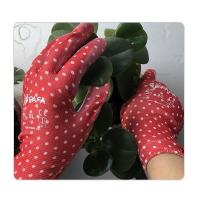 China 13 Gauge Red Polyester Transparent Nitrile Dipping Women's Work Garden Gloves for sale