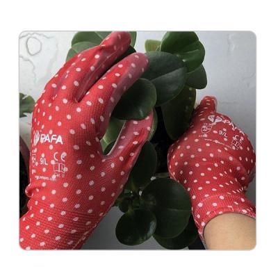 China 13 Gauge Red Polyester Transparent Nitrile Dipping Women's Work Garden Gloves for sale