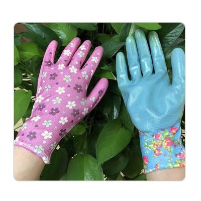 China Breathable Flower Polyester XL Protective Gardening Smooth Nitrile Gloves for sale