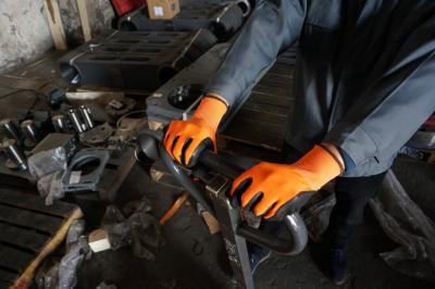 China 13 Gauge Orange Polyester Latex Gloves With Black Foam Latex Palm Coating For Industry for sale