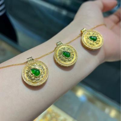 China 18K Gold Gourd Jade Pendant Round Natural Jadeite 19.5mm 2.0g Oriental Charm for sale