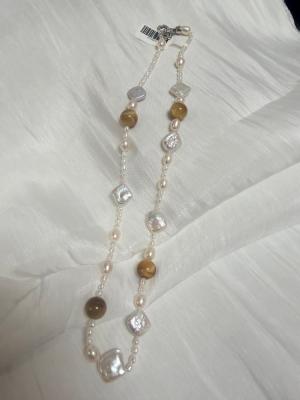 China Natural Pearl and Tiger Eye Stone Necklace 45cm 10.5-11mm Beaded Jewelry for Women for sale