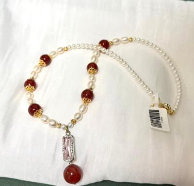 China Natural Freshwater Pearl and Red Agate Necklace 6-6.5mm Pearls 45cm Length Elegant Jewelry for sale