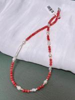 China Natural Red Jadeite Pearl Necklace 46cm Bohemian Style with Clasp 5-6.5mm Beads for sale