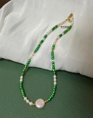China Natural Pearl Necklace Set 12.5-13mm Green Crystal Pearl Jewelry 41cm Length for sale