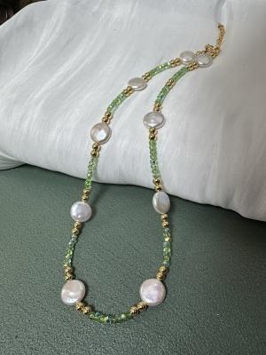 China Natural Pearl Necklace 12.5-13mm with Crystal Stones 46cm Elegant Disc Shaped Jewelry for sale