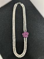 China Custom Multi Layer Rose Flower Pearl Necklace 6.5-7mm 60cm Natural Pearl Crystal Pave for sale
