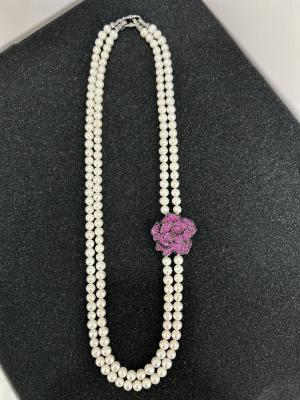 China Custom Multi Layer Rose Flower Pearl Necklace 6.5-7mm 60cm Natural Pearl Crystal Pave for sale
