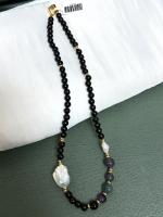 China Pastel Color Baroque Pearl Necklace with Black Beads Adjustable Length 45cm for sale