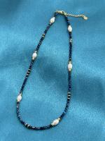 China Oval Pearl Necklace 5.5-6mm with Golden Spacer Bead and Colorful Gemstones 41cm for sale