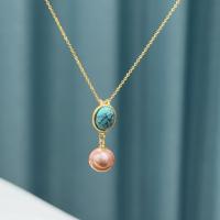 China 925 Silver 18K Gold Plated Pendant Necklace, Natural Freshwater Pearl With Turquoise‑Look Stone Dual Drop Necklace, Elegant Vintage Women Jewelry Wholesale for sale