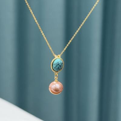 China 925 Silver 18K Gold Plated Pendant Necklace, Natural Freshwater Pearl With Turquoise‑Look Stone Dual Drop Necklace, Elegant Vintage Women Jewelry Wholesale for sale