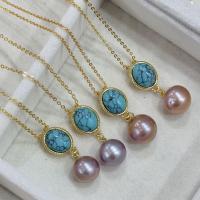 China 925 Silver 18K Gold Plated Pendant Necklace, Natural Freshwater Pearl With Turquoise‑Look Stone Dual Drop Necklace, Elegant Vintage Women Jewelry Wholesale for sale