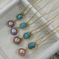 China 925 Silver 18K Gold Plated Pendant Necklace, Natural Freshwater Pearl With Turquoise‑Look Stone Dual Drop Necklace, Elegant Vintage Women Jewelry Wholesale for sale