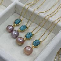 China 925 Silver 18K Gold Plated Pendant Necklace, Natural Freshwater Pearl With Turquoise‑Look Stone Dual Drop Necklace, Elegant Vintage Women Jewelry Wholesale for sale