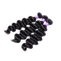 China 12-30 Inch Brazilian Loose Curly Weave Natural Color Black Single Drawn Hair End for sale