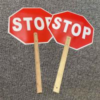 China Double Sided Hand Held Stop Sign with Wood Handle Aluminum Pole 35.5cm Length Reflective Traffic Control for sale
