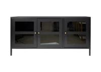 China Black Metal Frame 3 Glass Doors 120cm Width Small TV Stand With Storage for sale