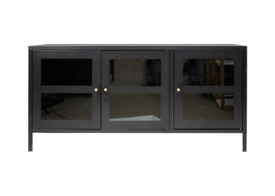 China Black Metal Frame 3 Glass Doors 120cm Width Small TV Stand With Storage for sale