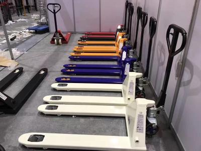 China 2000-5000kg Pneumatic Hand Pallet Truck with PU or Nylon Wheels 1100mm Fork for sale