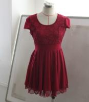 China Ruffled style Solid color Scoop neck Lace short sleeves Slimming Burnt-out dress for Women for sale