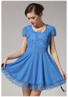 China Ruffled style Solid color Scoop neck Lace short sleeves Slimming Burnt-out dress for Women for sale