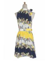 China Summer Halterneck Floral Print Sleeveless Pleated Dresses With Belt For Women for sale