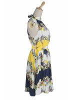 China Summer Halterneck Floral Print Sleeveless Pleated Dresses With Belt For Women for sale