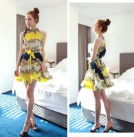China Summer Halterneck Floral Print Sleeveless Pleated Dresses With Belt For Women for sale