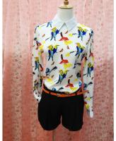 China Fashionable Style Bird Print Long Sleeves Peter pan Collar Chiffon Blouses For Ladies for sale