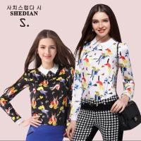 China Fashionable Style Bird Print Long Sleeves Peter pan Collar Chiffon Blouses For Ladies for sale